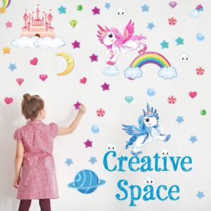 Glow in The Dark Stars Glowing Unicorn Wall Decals Glowing Unicorn Wall Stickers with Stars Moon Castle Rainbow Planet Heart Room Decor for Girls Bedroom Ceiling Baby Nursery Room