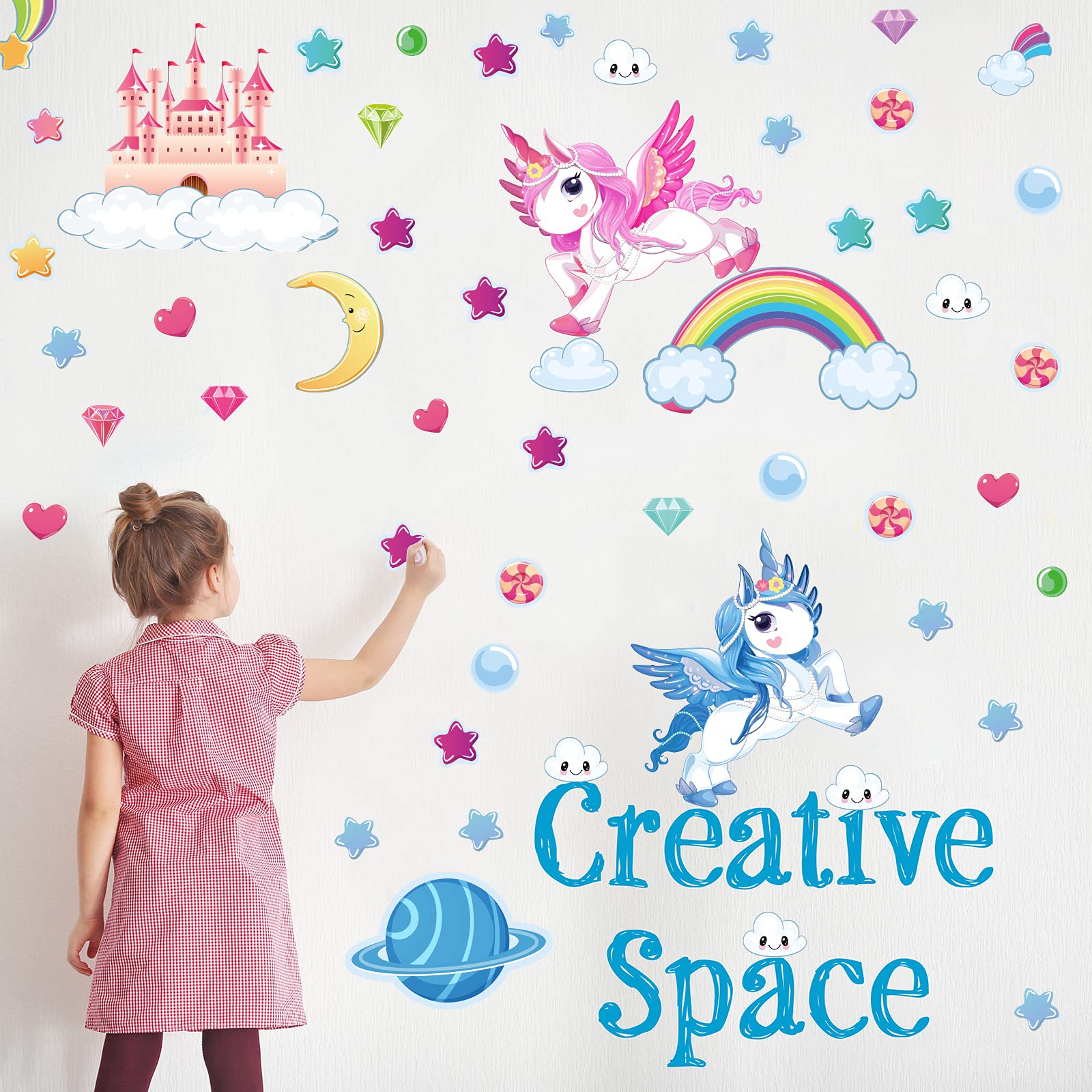 Glow in The Dark Stars Glowing Unicorn Wall Decals Glowing Unicorn Wall Stickers with Stars Moon Castle Rainbow Planet Heart Room Decor for Girls Bedroom Ceiling Baby Nursery Room