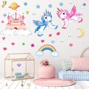 Glow in The Dark Stars Glowing Unicorn Wall Decals Glowing Unicorn Wall Stickers with Stars Moon Castle Rainbow Planet Heart Room Decor for Girls Bedroom Ceiling Baby Nursery Room