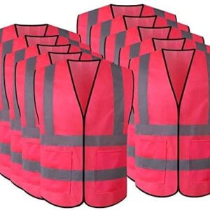 JSungo High Visibility Safety Vest 10 Pack ANSI Class 2 Security Vest with 2 Inch Reflective Silver Strip, Women Construction Vest for Night Running, Jogging, Cycling Walking (Pink)