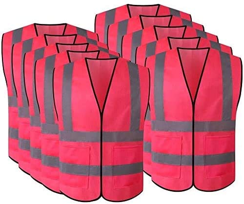 JSungo High Visibility Safety Vest 10 Pack ANSI Class 2 Security Vest with 2 Inch Reflective Silver Strip, Women Construction Vest for Night Running, Jogging, Cycling Walking (Pink)