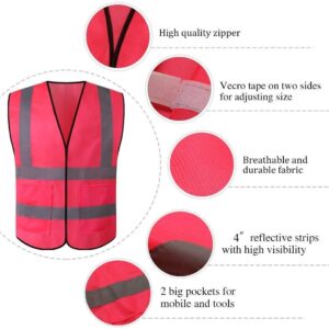 JSungo High Visibility Safety Vest 10 Pack ANSI Class 2 Security Vest with 2 Inch Reflective Silver Strip, Women Construction Vest for Night Running, Jogging, Cycling Walking (Pink)