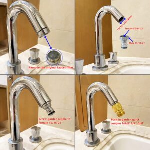 HQMPC Sink To Hose Faucet Adapter Faucet To Hose Adapter Kitchen Snap Adapter Washing Machine Quick Connect,Chrome Nipple Male 15/16-27 And Female 55/64-27 To Male 3/4" GHT Quick Coupler 2 Sets