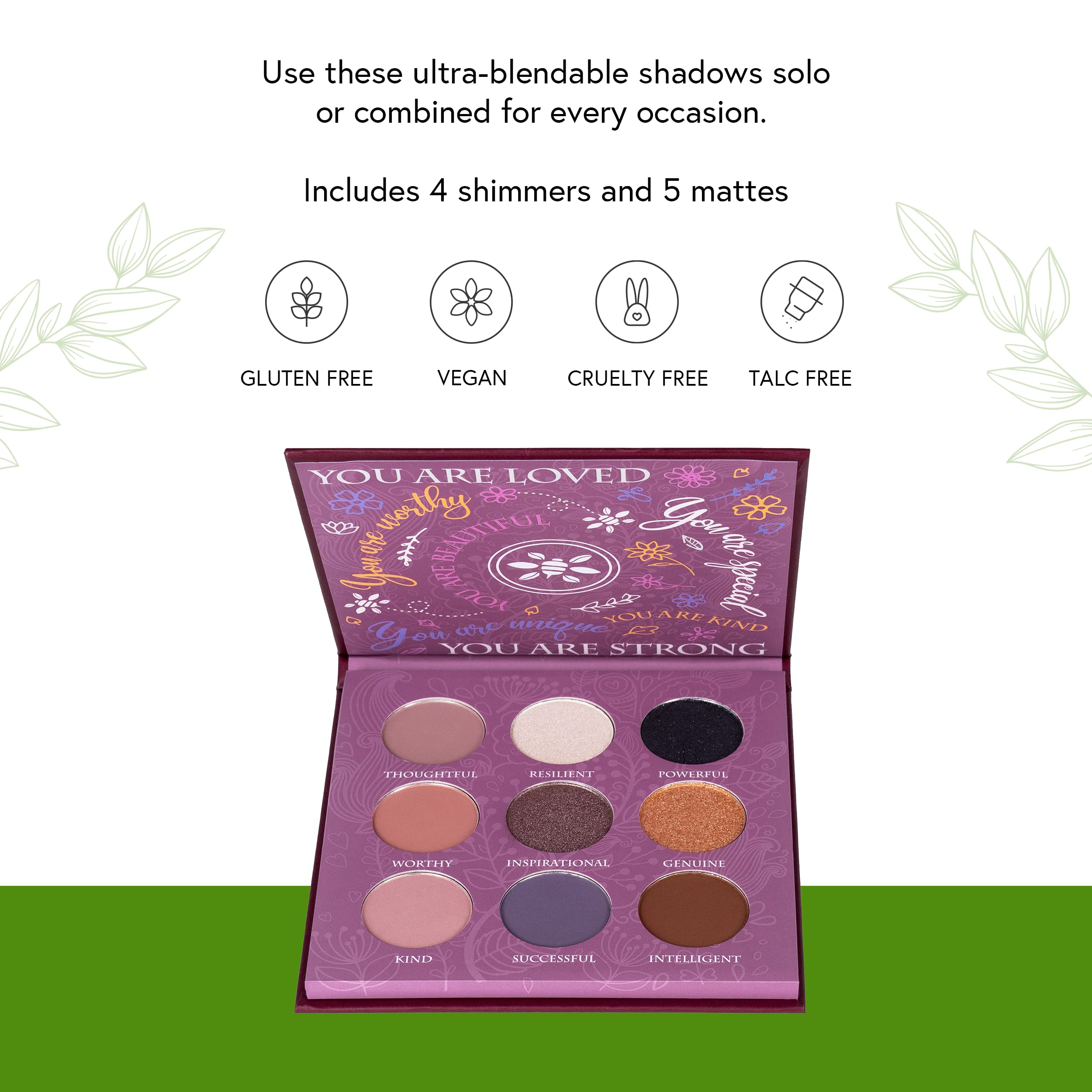 Honeybee Gardens Power of Positivity Eye Shadow Palette, 4 Highly Pigmented Colors With Long Lasting Luxe Finish, Vegan, Cruelty-Free, Gluten-Free, and Paraben-Free, Net Wt 1.3g Each