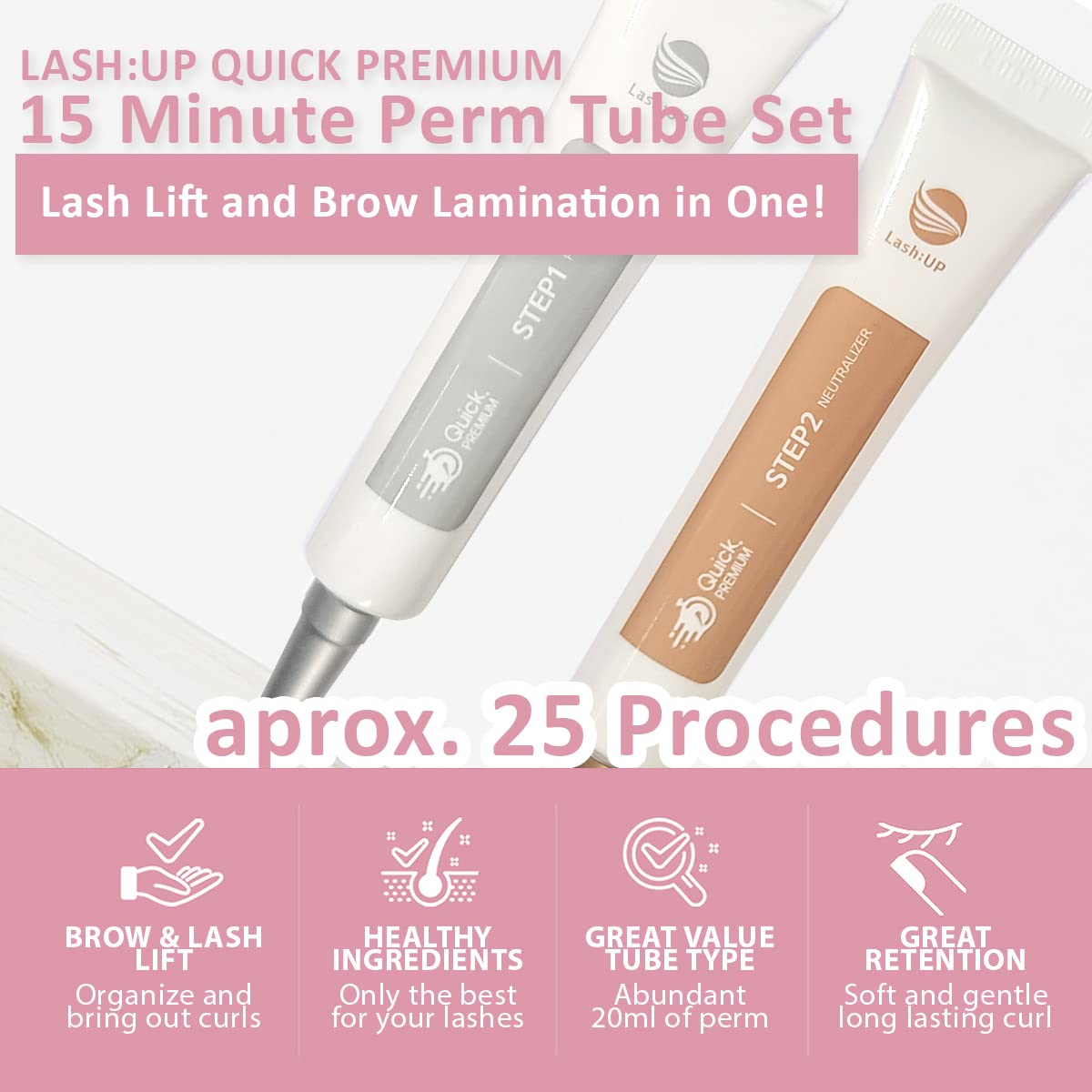 Lash Up, Eyebrow Lamination and Eyelash Lift, Step 1 and Step 2 tube set 20ml, Professional Quality lash perm set Prep by Amber Lash (QUICK PREMIUM)