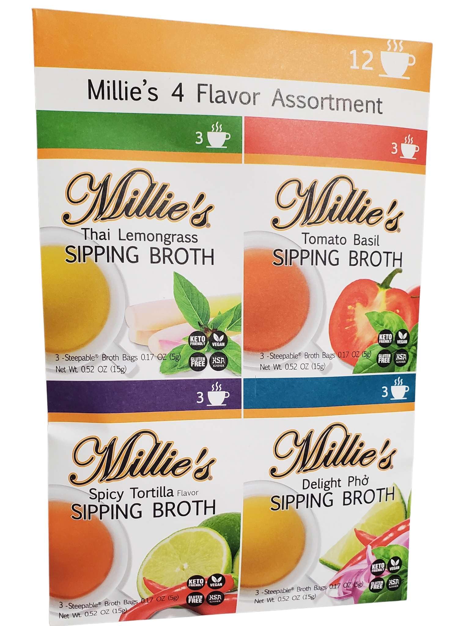 MILLIE'S SIPPING BROTH Steepable Vegetable Broth with Savory Seasonings for Snack Urges | Vegan, Keto, Gluten Free, Intermittent Fasting, and natural | (4 Pack Assortment - 12 Broth Bags Total)