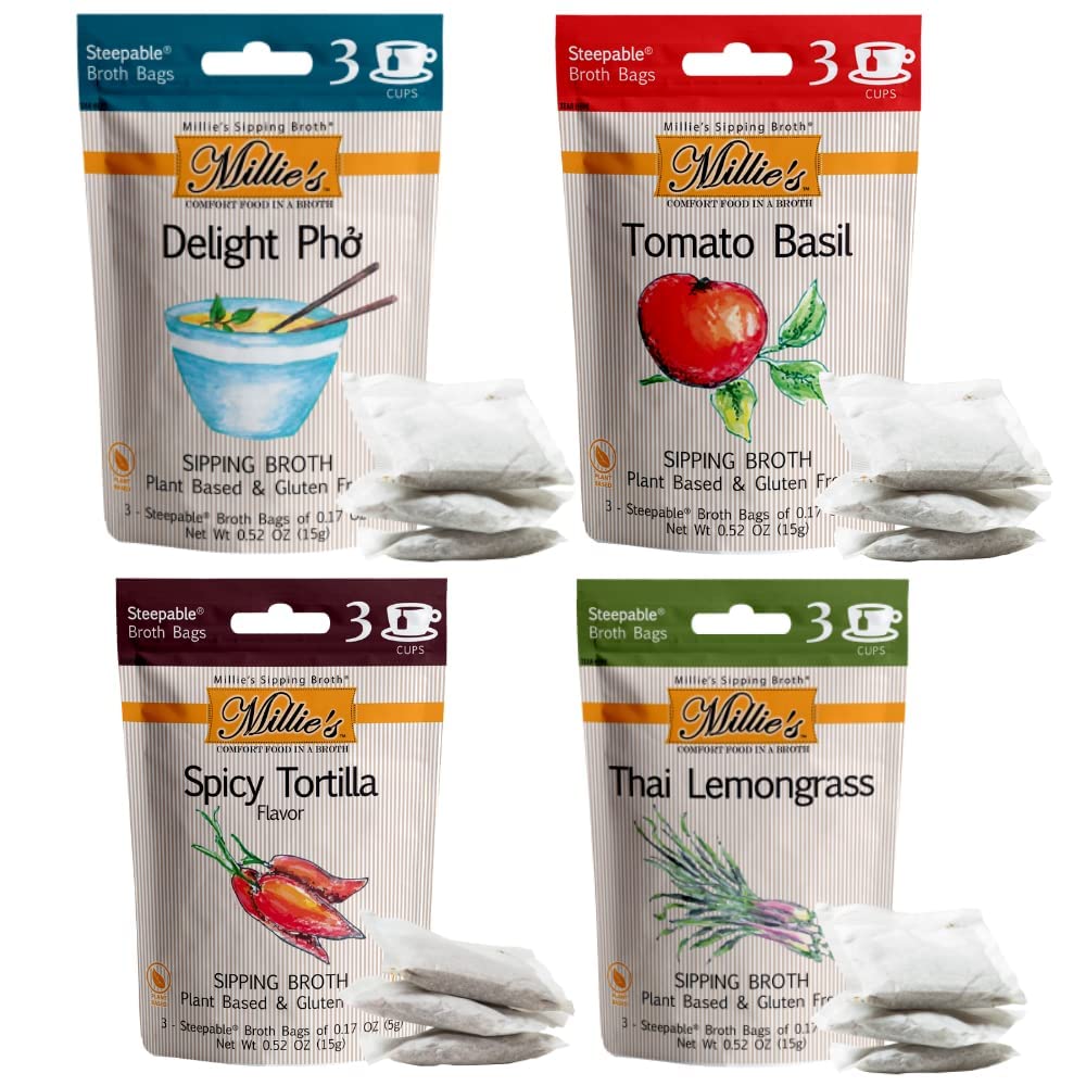 MILLIE'S SIPPING BROTH Steepable Vegetable Broth with Savory Seasonings for Snack Urges | Vegan, Keto, Gluten Free, Intermittent Fasting, and natural | (4 Pack Assortment - 12 Broth Bags Total)