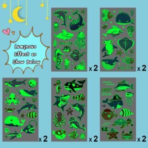 Partywind 130 Styles Luminous Shark Temporary Tattoos for Kids, Glow Shark Birthday Decorations Party Favors Supplies for Boys and Girls, Ocean Under Sea Fake Tattoo Stickers Gifts (10 Sheets)