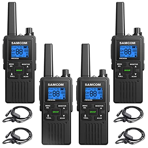 SAMCOM 4 Pack Two Way Radios Long Range Rechargeable Walkie-Talkies for Adults 1250mAh, 2 Way Radios Walkie Talkies with Earpieces Long Distance USB Work Walky Talky NOAA Alert