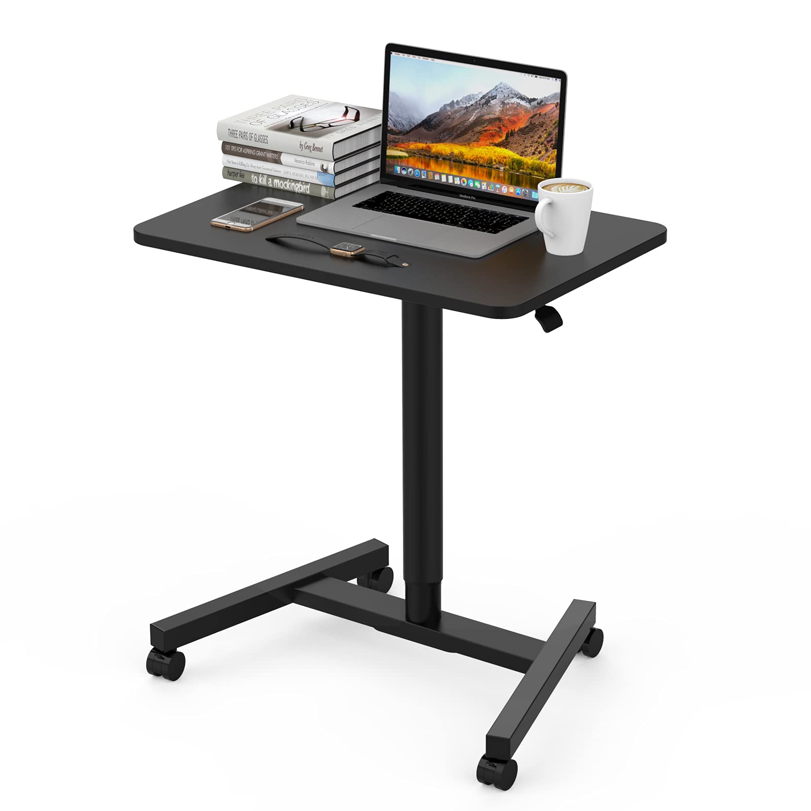 28 Inch Height Adjustable Laptop Sit Stand Desk with Wheels, Adjustable Rolling Standing Laptop Mobile Desk Cart Coffee Table (Black)