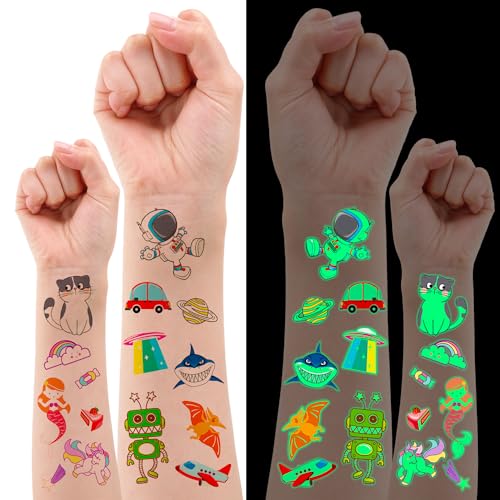 Tattoos for Kids 30 Sheets Glow in the Dark Tattoos for Kids, Luminous Kids Tattoos Temporary for Boys and Girls, Glow in the Dark Party Supplies, Fake Tattoos Kids, Birthday Party Favors for Kids 3+