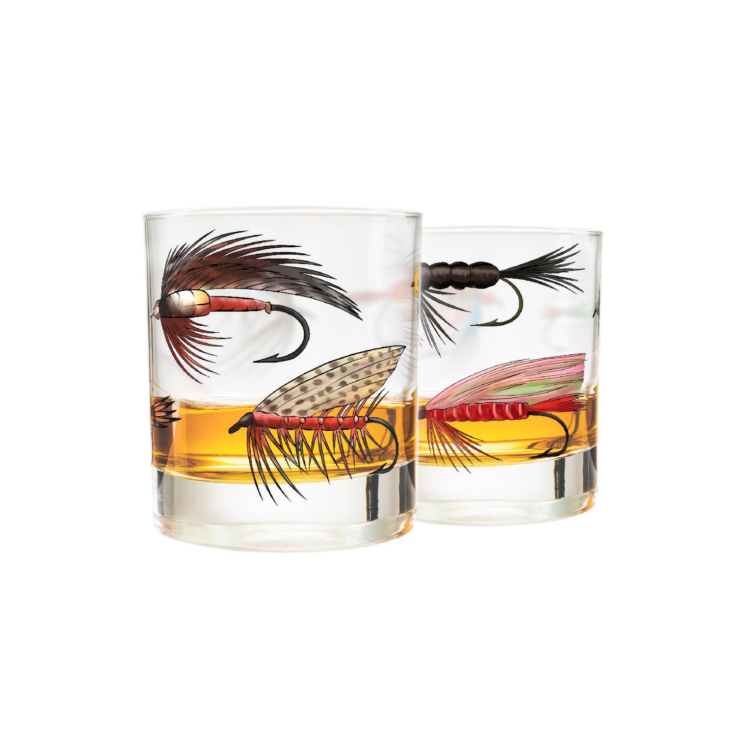 Greenline Goods – Fly Fishing Glass Set for Fisherman and Outdoorsman – Fly Lures Themed 10 oz Whiskey Drinking Glass Set of 2