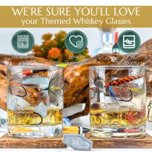 Greenline Goods – Fly Fishing Glass Set for Fisherman and Outdoorsman – Fly Lures Themed 10 oz Whiskey Drinking Glass Set of 2