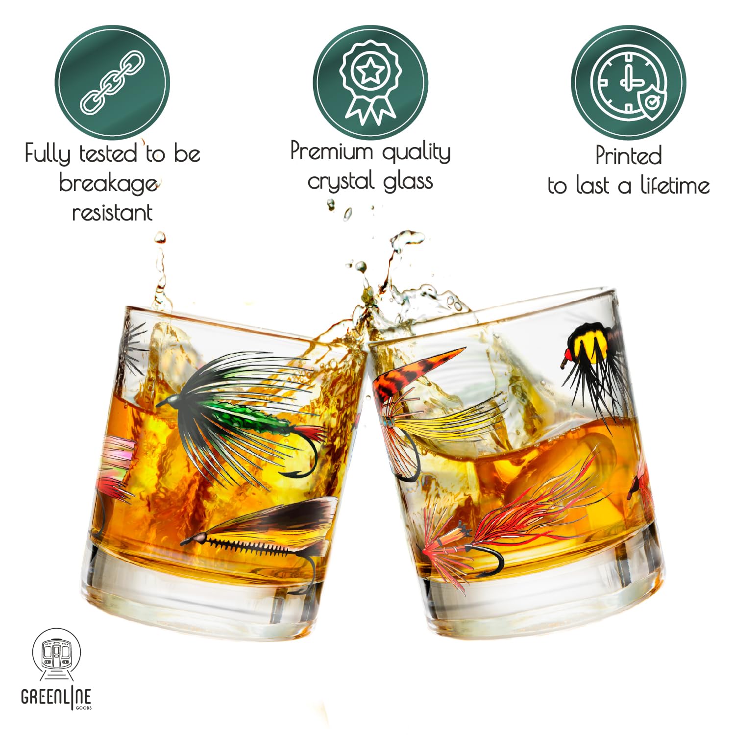 Greenline Goods – Fly Fishing Glass Set for Fisherman and Outdoorsman – Fly Lures Themed 10 oz Whiskey Drinking Glass Set of 2