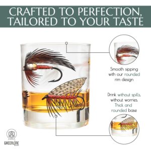 Greenline Goods – Fly Fishing Glass Set for Fisherman and Outdoorsman – Fly Lures Themed 10 oz Whiskey Drinking Glass Set of 2