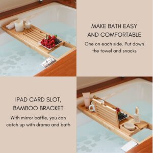 Enlux Bamboo Bathtub Tray, Expandable Premium Bath Tray for Tub Luxury Bath, with Free Cotton Towel, Soap Dish, Wine Glass Slot and Tablet Holder Waterproof Bathtub Trays for Tub Best Gift (Bamboo)