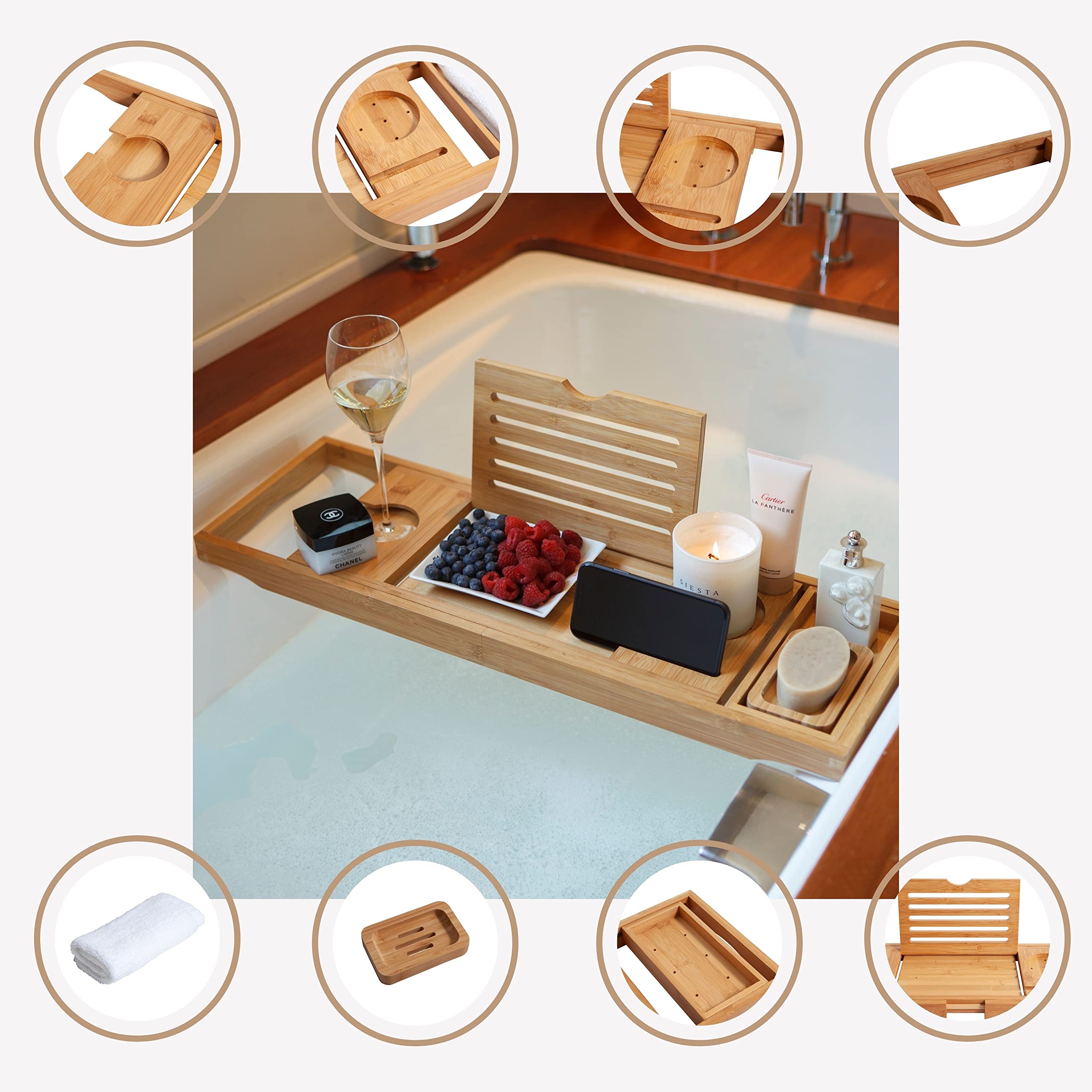 Enlux Bamboo Bathtub Tray, Expandable Premium Bath Tray for Tub Luxury Bath, with Free Cotton Towel, Soap Dish, Wine Glass Slot and Tablet Holder Waterproof Bathtub Trays for Tub Best Gift (Bamboo)