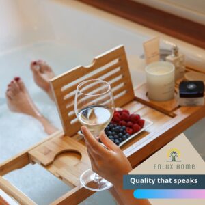 Enlux Bamboo Bathtub Tray, Expandable Premium Bath Tray for Tub Luxury Bath, with Free Cotton Towel, Soap Dish, Wine Glass Slot and Tablet Holder Waterproof Bathtub Trays for Tub Best Gift (Bamboo)