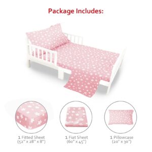 Toddler Bed Sheets for Girls, 3 Piece Toddler Sheet Set, Soft Breathable Toddler Bedding Sets Includes a Flat Sheet, a Fitted Sheet , a Pillowcase, Baby Bedding Sheet & Pillowcase Set, Pink Star