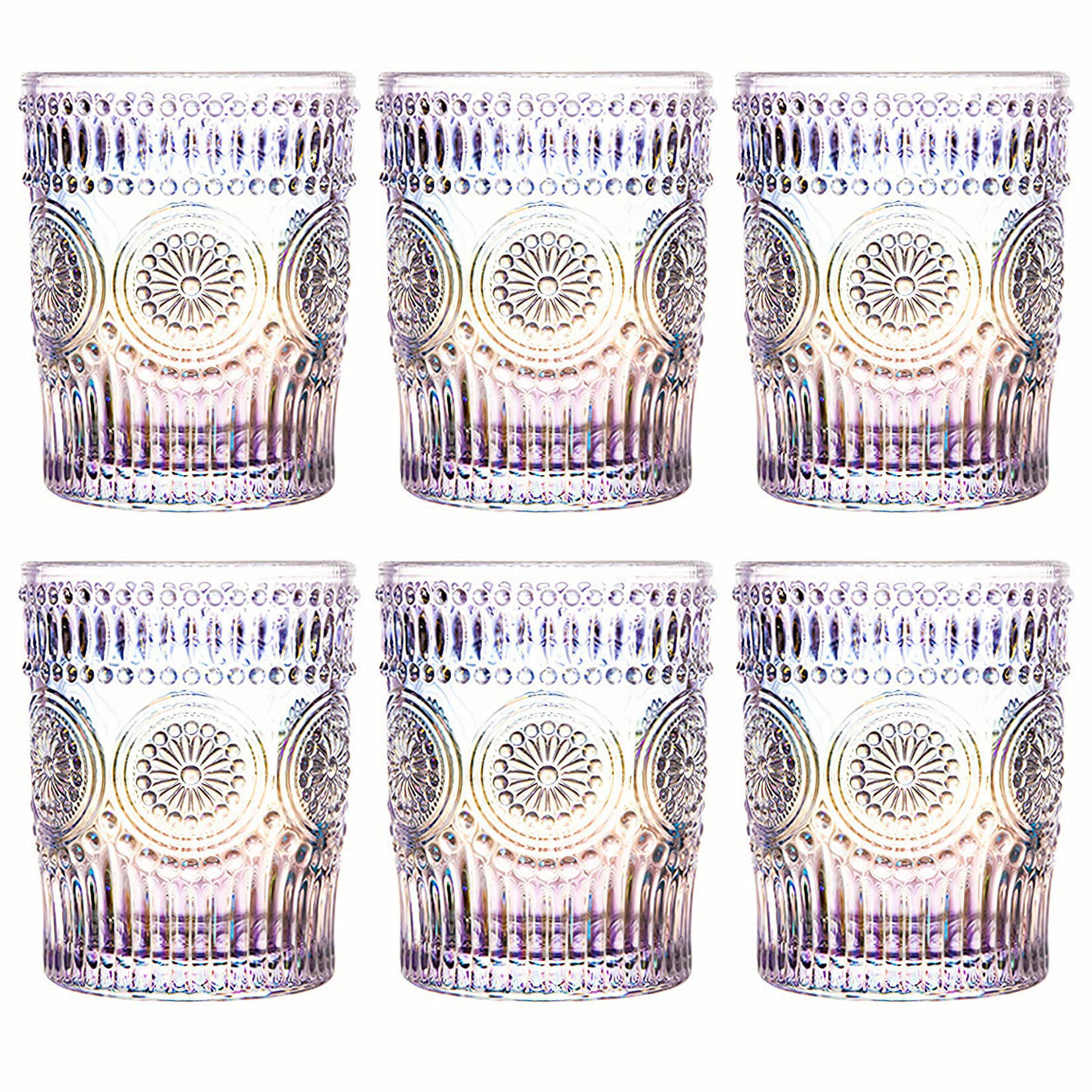 Kingrol 6 Pack 9 oz Romantic Water Glasses, Iridescent Drinking Glasses Tumblers, Vintage Glassware Set for Juice, Beverages, Beer, Cocktail