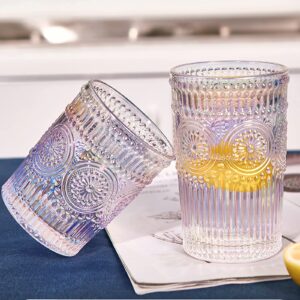 Kingrol 6 Pack 9 oz Romantic Water Glasses, Iridescent Drinking Glasses Tumblers, Vintage Glassware Set for Juice, Beverages, Beer, Cocktail