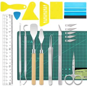 mmobiel 19 pcs vinyl a5 cutting mat stainless steel craft tool set including scrapers, professional scalpel knife, spatula spudgers, ruler tweezer and scissors