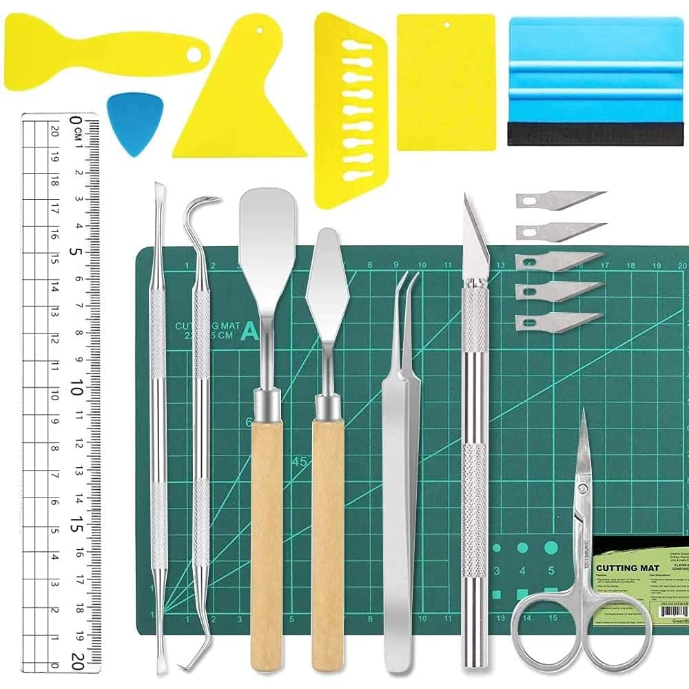 MMOBIEL 19 Pcs Vinyl A5 Cutting Mat Stainless Steel Craft Tool Set Including Scrapers, Professional Scalpel Knife, Spatula Spudgers, Ruler Tweezer and Scissors