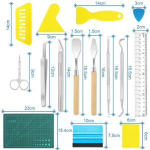 MMOBIEL 19 Pcs Vinyl A5 Cutting Mat Stainless Steel Craft Tool Set Including Scrapers, Professional Scalpel Knife, Spatula Spudgers, Ruler Tweezer and Scissors