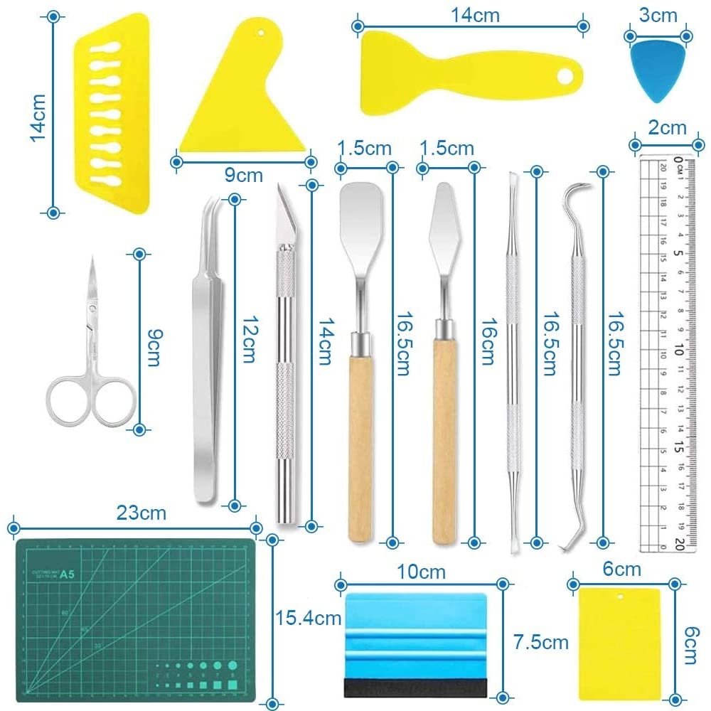 MMOBIEL 19 Pcs Vinyl A5 Cutting Mat Stainless Steel Craft Tool Set Including Scrapers, Professional Scalpel Knife, Spatula Spudgers, Ruler Tweezer and Scissors