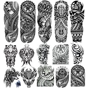 kotbs 15 sheets tribal totem tempoary tattoo sleeves for men women, 5 sheets full arm tattoo sleeve and 10 sheets half arm tattoo stickers, waterproof large fake tattoos body art temporary tattoo