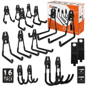 kofani garage hooks, 16 pack steel heavy duty garage storage hooks with anti-slip coating, utility garage wall mount hooks for hanging bike, ladder and garden tools