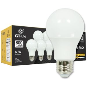 gt-lite 10-pack soft white led light bulbs, replacement for 60-watt incandescent uses only 9-watts, 3000k, a19 shape, e26 medium base, standard household lightbulb for lamps, living room, bedrooms