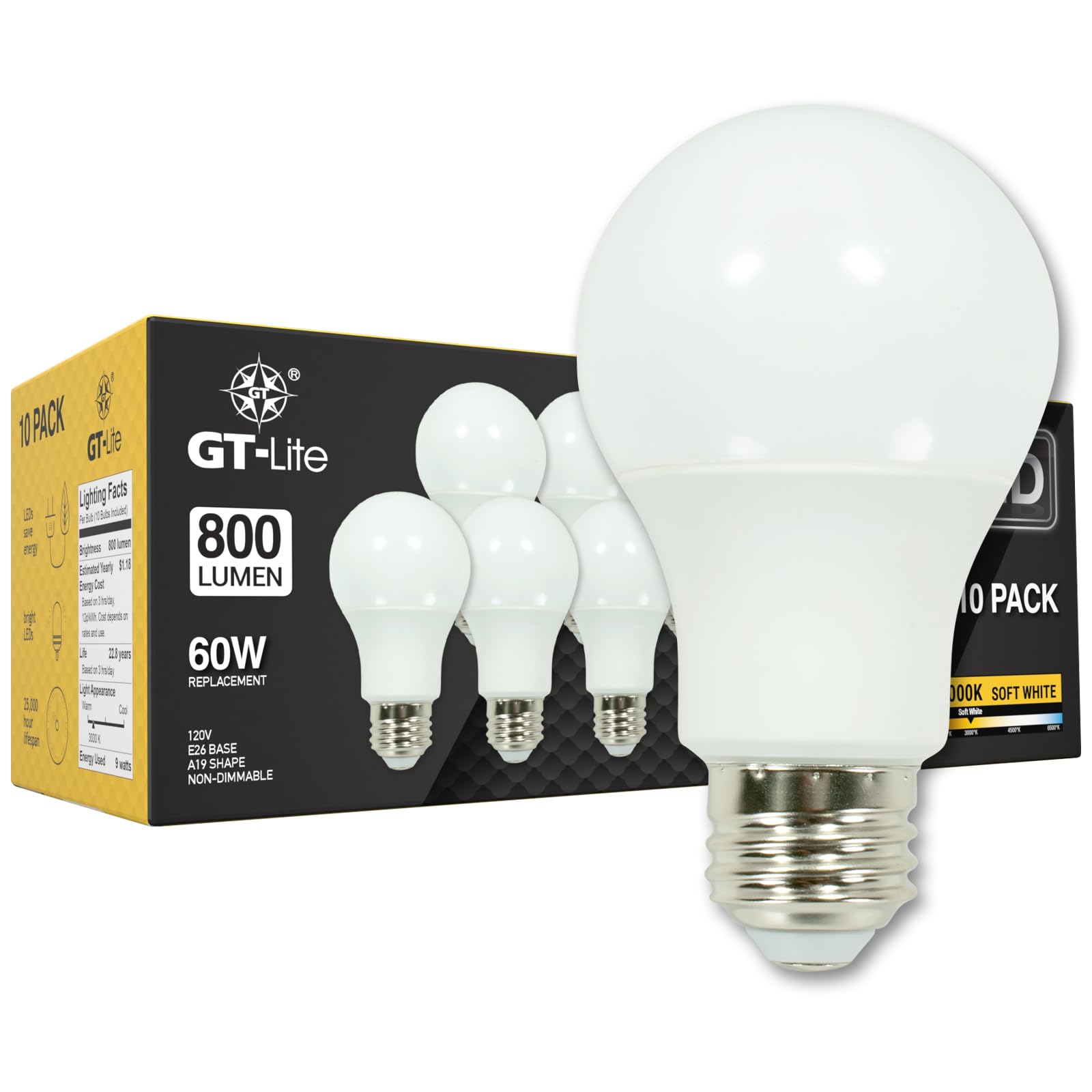 GT-Lite 10-Pack Soft White LED Light Bulbs, Replacement for 60-watt Incandescent uses only 9-watts, 3000K, A19 Shape, E26 Medium Base, Standard Household Lightbulb for Lamps, Living Room, bedrooms