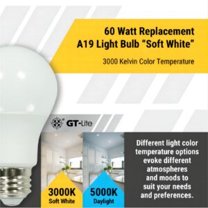 GT-Lite 10-Pack Soft White LED Light Bulbs, Replacement for 60-watt Incandescent uses only 9-watts, 3000K, A19 Shape, E26 Medium Base, Standard Household Lightbulb for Lamps, Living Room, bedrooms