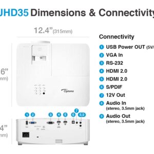 Optoma UHD35 True 4K UHD Next Generation Gaming Projector | 3600 Lumens | 4.2ms Response Time at 1080p with Enhanced Gaming Mode