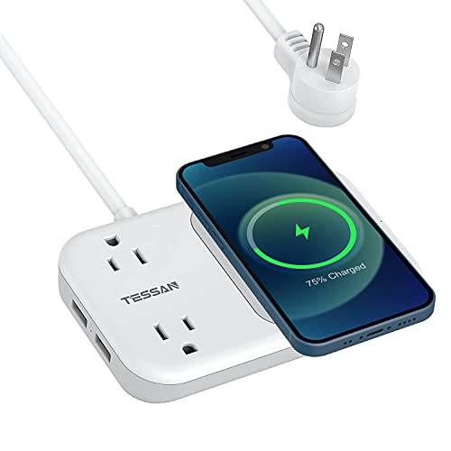 Small Power Strip 2 USB 1 Wireless Charger, TESSAN Mini Flat Plug Nightstand Desktop Charging Station with 2 Outlet 4 ft Extension Cord, Compatible with iPhone for Dorm Room Cruise