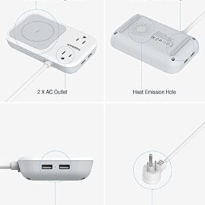 Small Power Strip 2 USB 1 Wireless Charger, TESSAN Mini Flat Plug Nightstand Desktop Charging Station with 2 Outlet 4 ft Extension Cord, Compatible with iPhone for Dorm Room Cruise