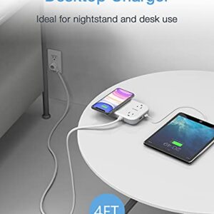 Small Power Strip 2 USB 1 Wireless Charger, TESSAN Mini Flat Plug Nightstand Desktop Charging Station with 2 Outlet 4 ft Extension Cord, Compatible with iPhone for Dorm Room Cruise