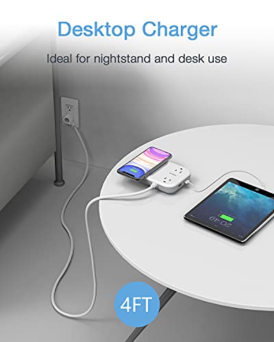 Small Power Strip 2 USB 1 Wireless Charger, TESSAN Mini Flat Plug Nightstand Desktop Charging Station with 2 Outlet 4 ft Extension Cord, Compatible with iPhone for Dorm Room Cruise