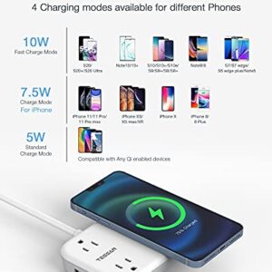 Small Power Strip 2 USB 1 Wireless Charger, TESSAN Mini Flat Plug Nightstand Desktop Charging Station with 2 Outlet 4 ft Extension Cord, Compatible with iPhone for Dorm Room Cruise