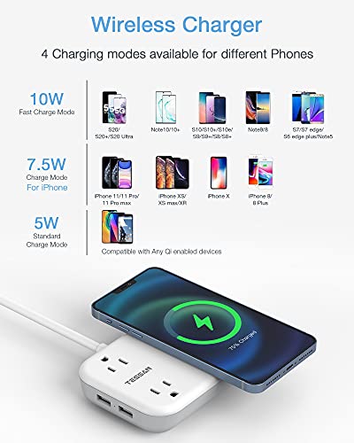 Small Power Strip 2 USB 1 Wireless Charger, TESSAN Mini Flat Plug Nightstand Desktop Charging Station with 2 Outlet 4 ft Extension Cord, Compatible with iPhone for Dorm Room Cruise