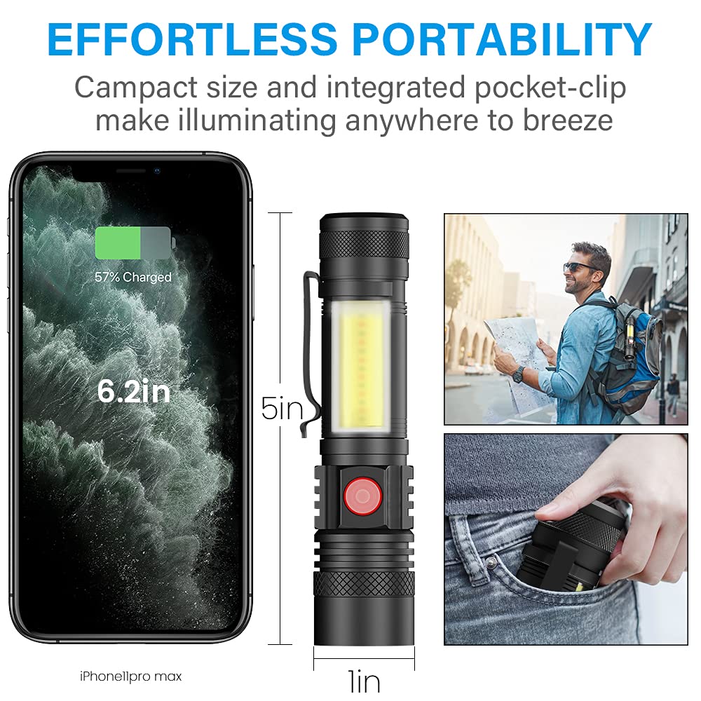 Vnina USB Rechargeable Flashlight, LED Magnetic Flashlights Super Bright Tactical Flashlights with Cob Sidelight Waterproof Zoomable 6 Modes USB Rechargeable for Camping Emergency