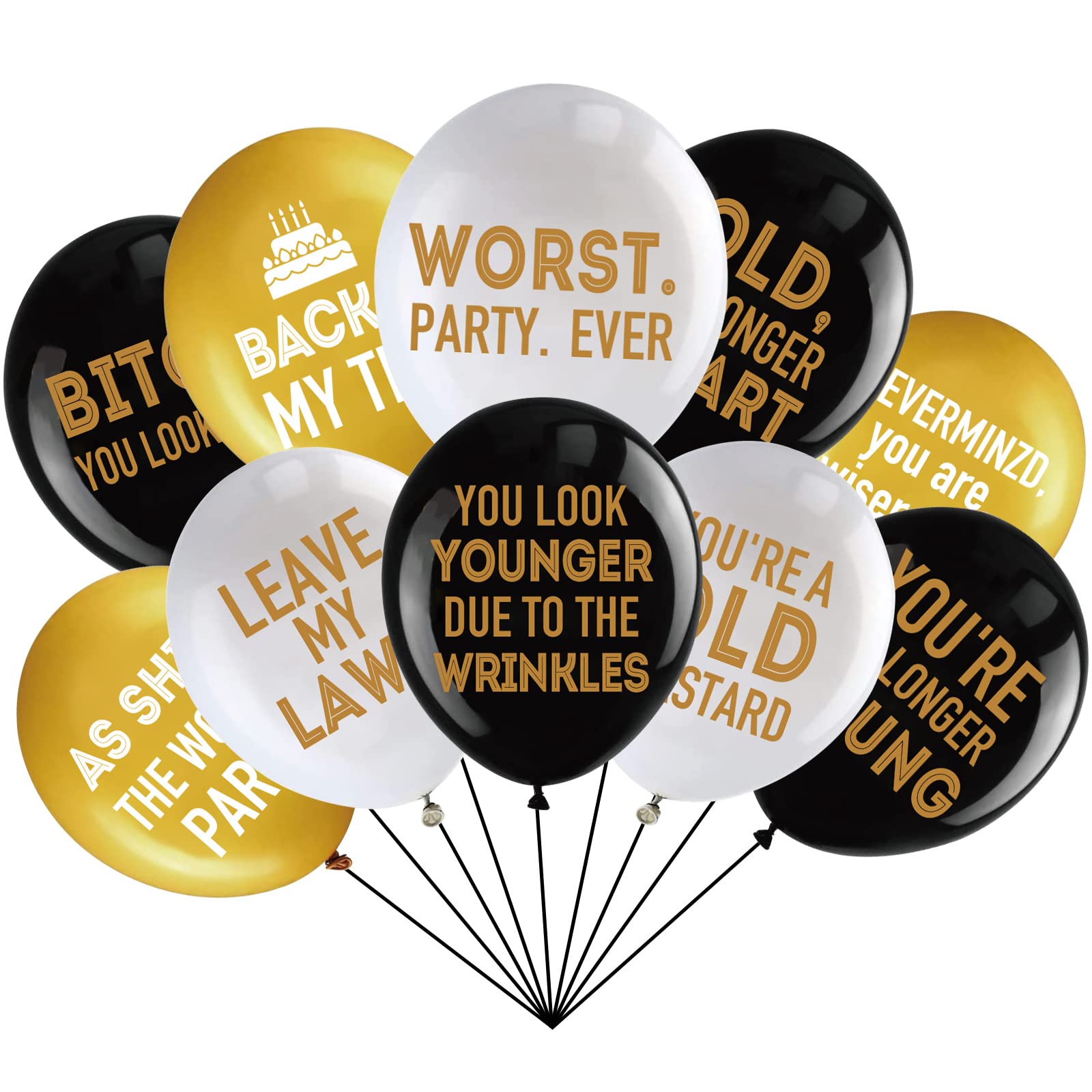 40 Pieces 12 Inch Abusive Old Age Birthday Party Latex Balloons Decoration, Gold Black Fun Abusive Birthday Decoration Balloons for Adults Birthday Party Supplies Indoor/Outdoor (Classic Style)