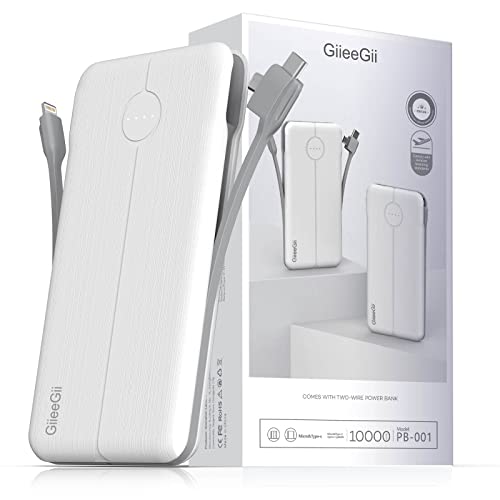 GiieeGii Portable Charger with Built in Cable, 10000mAh Power Bank with Type-C 3 Kinds Cables and USB Output Cell Phone Battery Backup Compatible with iPhone Android Smartphones