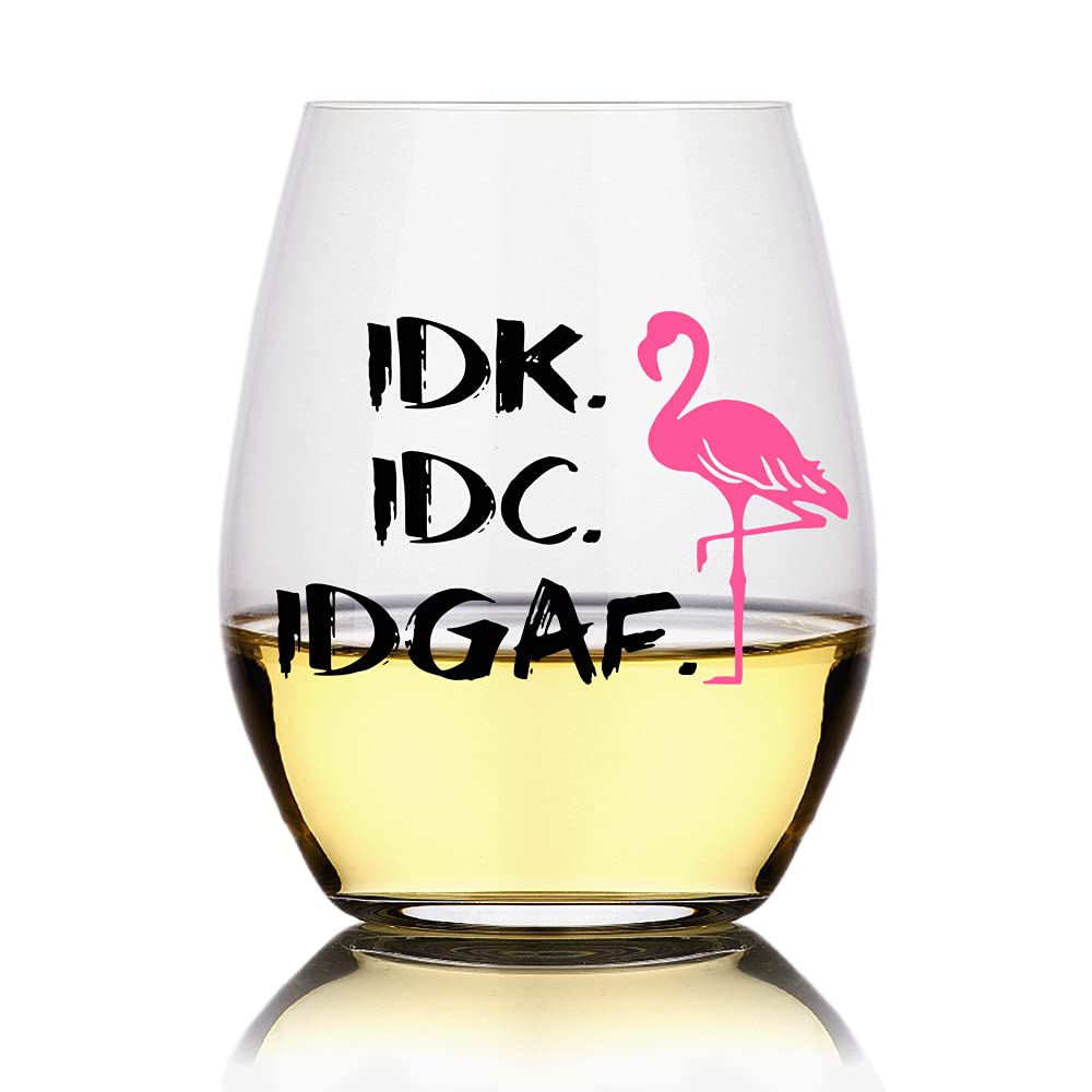 Perfectinsoy IDK IDC IDGAF Wine Glass, Flamingo Wine Glass, Funny Sarcastic Novelty Gift for Women, Sister, Friends, Coworkers, Boss, Employee, Birthday Gifts for Flamingo Lovers Mom, Sister, BFF