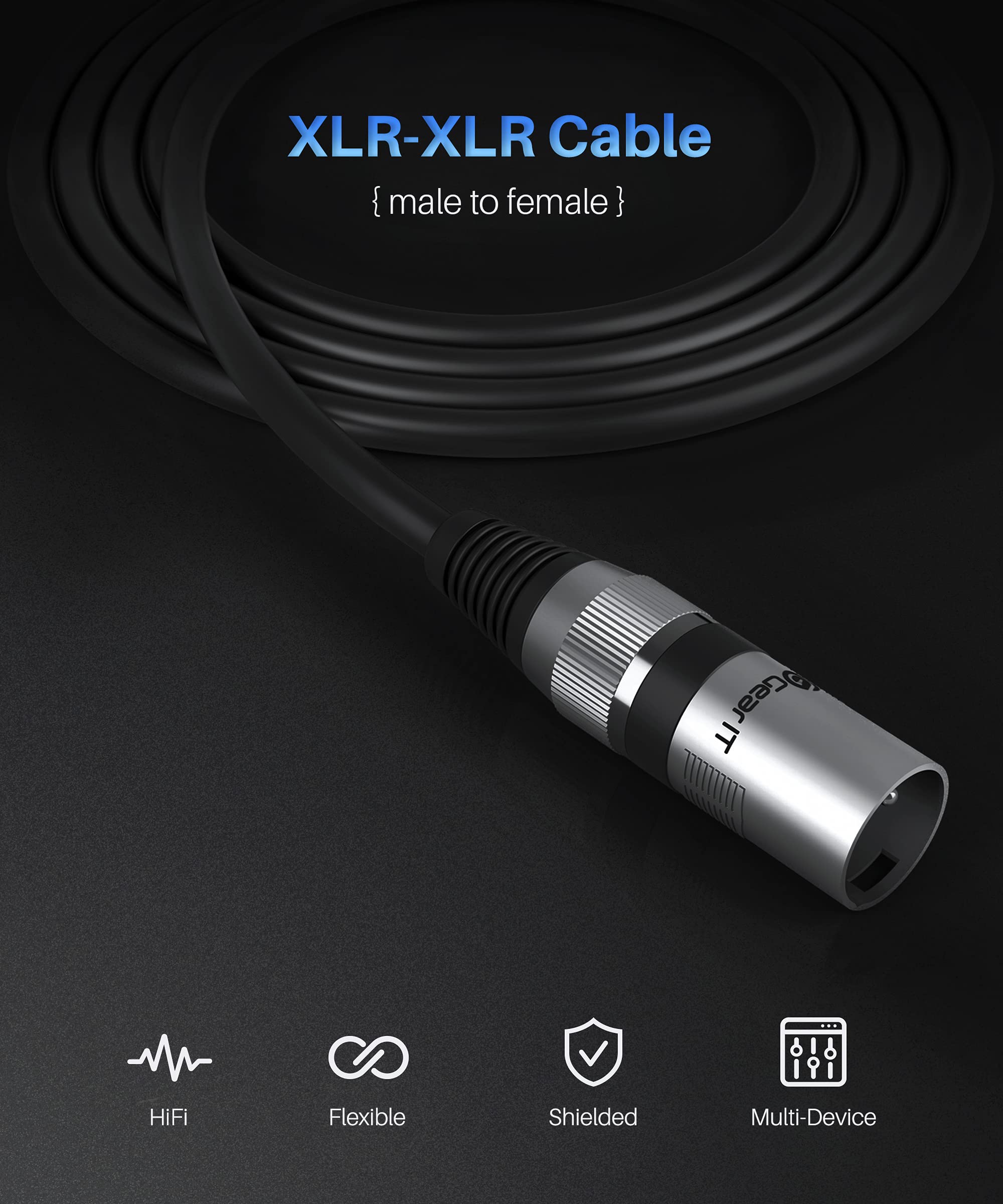 GearIT XLR to XLR Microphone Cable (100 Feet, 1 Pack) XLR Male to Female Mic Cable 3-Pin Balanced Shielded XLR Cable for Mic Mixer, Recording Studio, Podcast - Black, 100Ft, 1 Pack