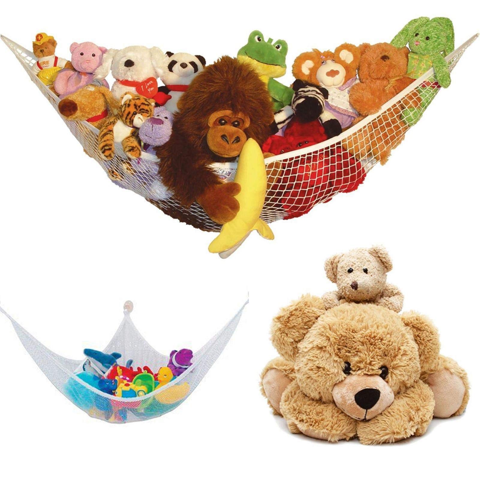 Stuffed Animal Net or Hammock with Hanging Hooks Large Mesh Toys Organizer Storage Net Corner Sling Organizer for Playroom Bedroom Bathroom