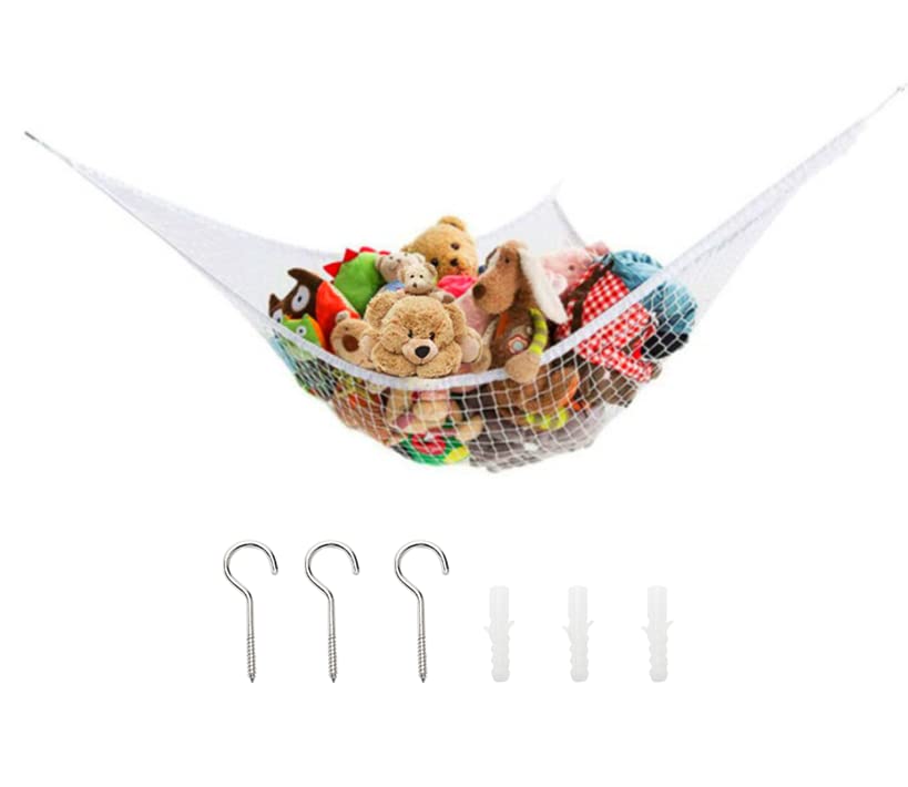 Stuffed Animal Net or Hammock with Hanging Hooks Large Mesh Toys Organizer Storage Net Corner Sling Organizer for Playroom Bedroom Bathroom