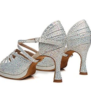 Minishion Women's Dance Heel Platform Toe Rhinestone Dancing Shoes L458 Silver US 4