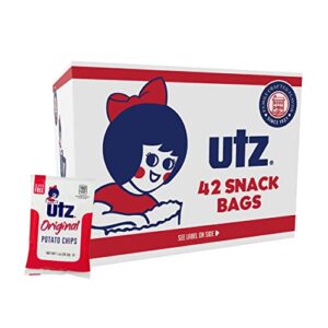 utz original 1 oz bags, 42 count crispy potato chips made from fresh potatoes, crunchy individual snacks to go, cholesterol free, trans-fat free, gluten free snacks